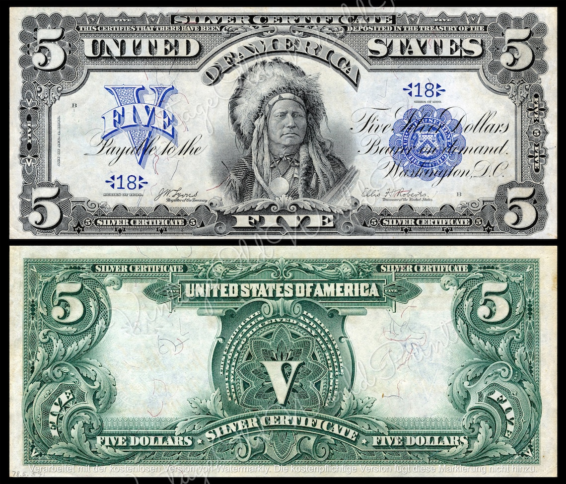 1899 5 Dollar Bank Note, Indian Chief Banknote, DIGITAL USA Old ...