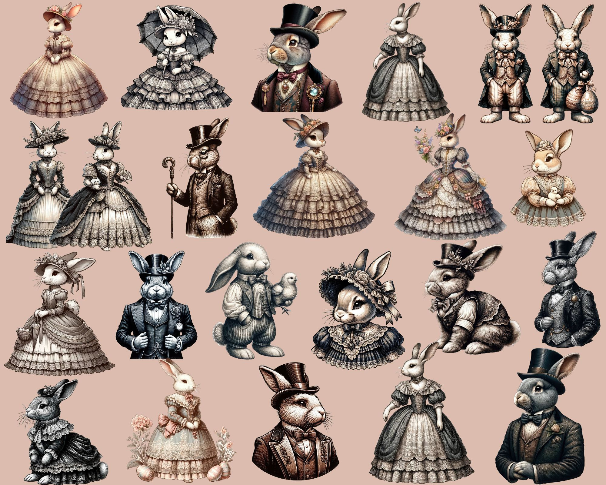Easter Victorian Bunnies Clipart Digital, Printable Vintage Rabbit Clip ...
