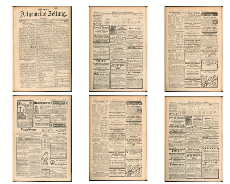 Printable Vintage Daily Newspaper, 6 Sheets Ad 1881 Rare Vintage Wiener ...