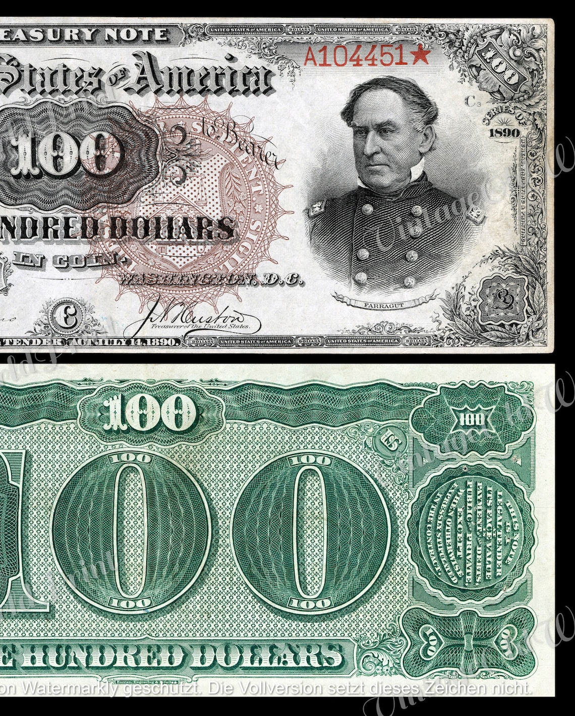 Printable Antique Banknotes 1890 "one Hundred Dollar" Bank Note DIGITAL ...