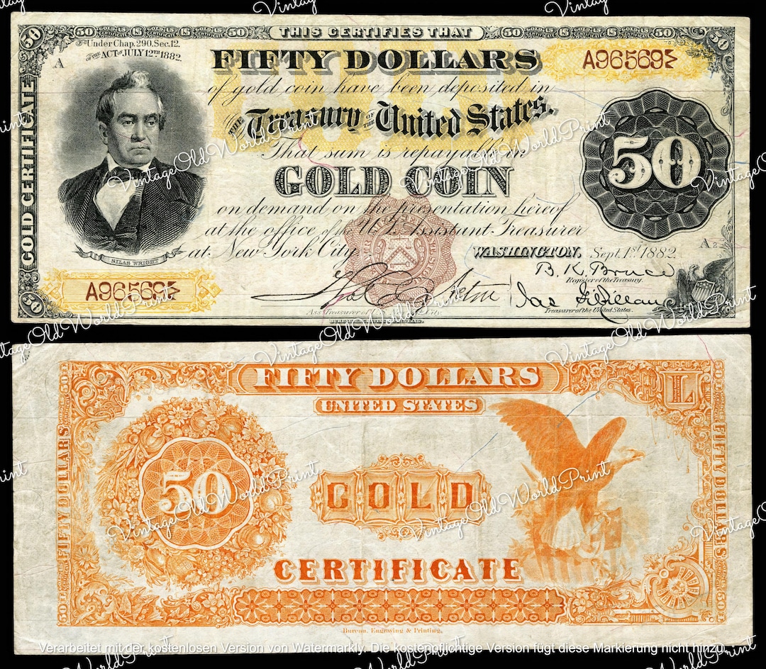 Vintage Bank Note 1882 50 Dollar GOLD Certificate DIGITAL Printable ...