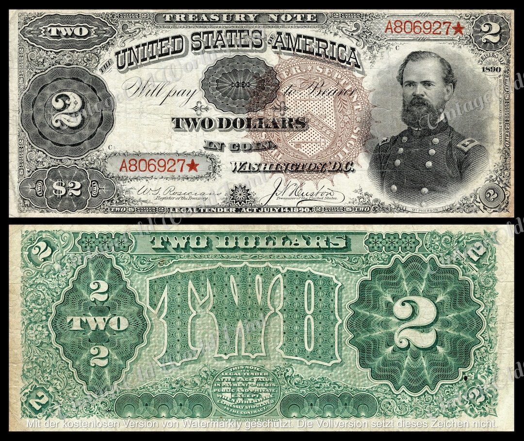 Vintage Bank Note DIGITAL 1890 "two Dollar" Printable Antique Banknotes ...