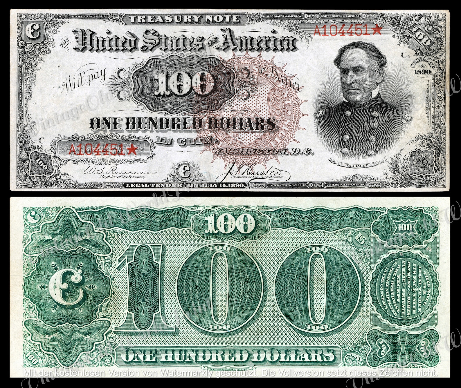 Printable Antique Banknotes 1890 "one Hundred Dollar" Bank Note DIGITAL ...