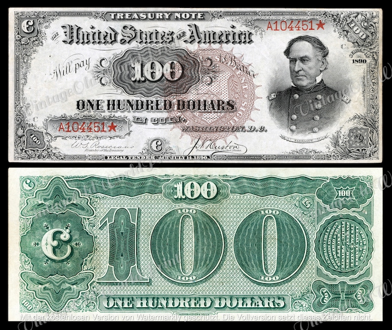 Printable Antique Banknotes 1890 "one Hundred Dollar" Bank Note DIGITAL ...