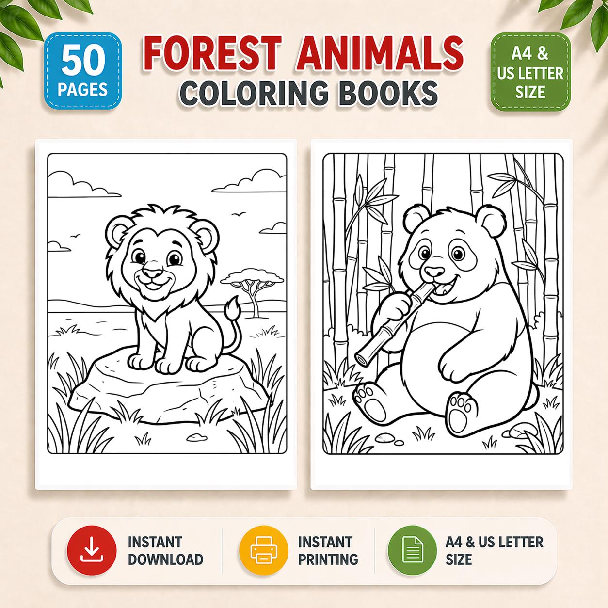 Forest Animals Coloring Book, Printable PDF, 50 Pages, Instant Download ...