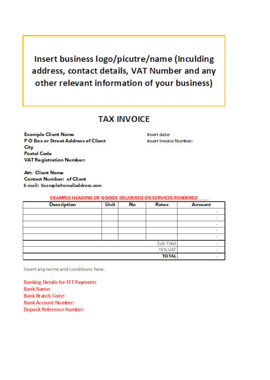 Simple Template of Tax Invoice Including Excel Formulas - Etsy