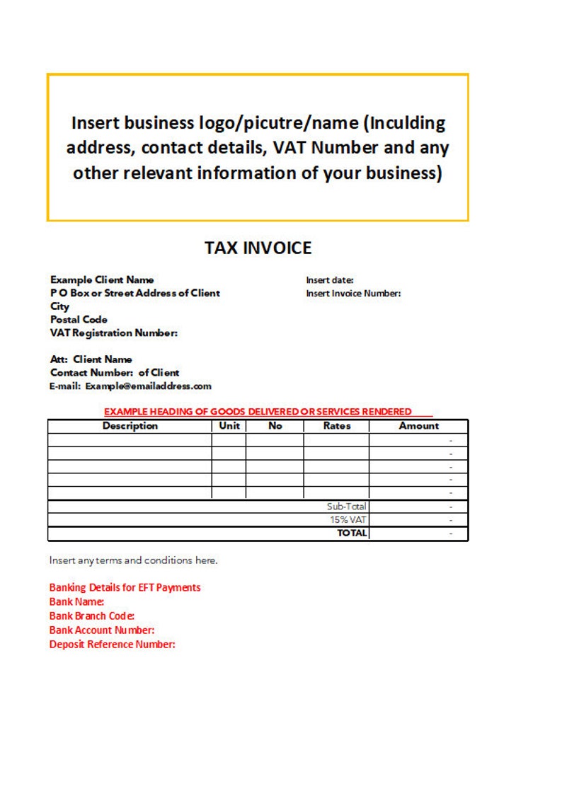 Simple Template of Tax Invoice Including Excel Formulas - Etsy