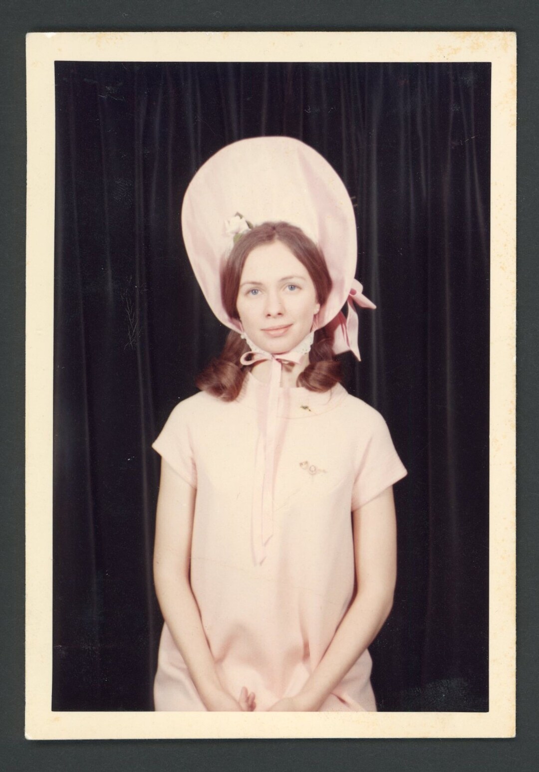 Pretty Woman Wearing Dress and Giant Pink Bonnet Easter Vintage Square ...