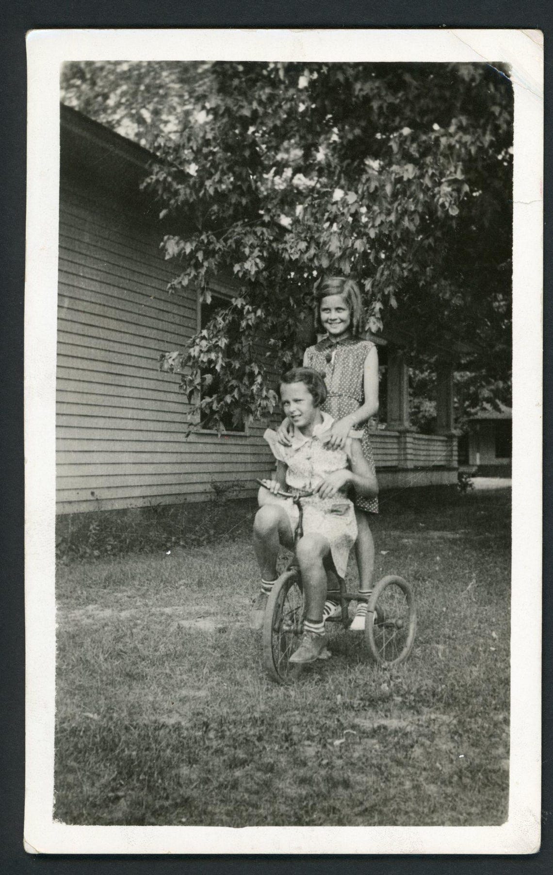 Daredevil Tween Girls Riding Tricycle on Lawn Original Vintage Photo ...