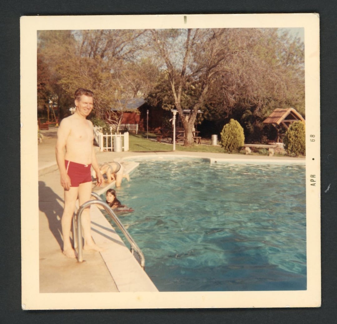 Handsome Shirtless Man Swimsuit Red Swim Trunks Stands on Edge of Pool ...