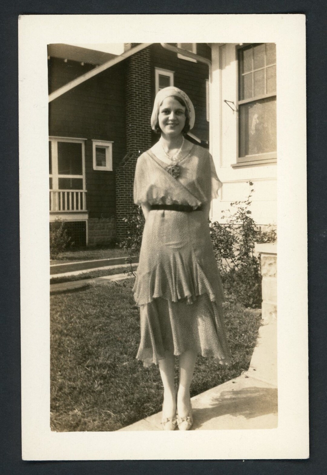 Pretty Young Woman Flapper Spring Dress Snood Brooch Necklace Vintage Photo Snapshot 1930s ...