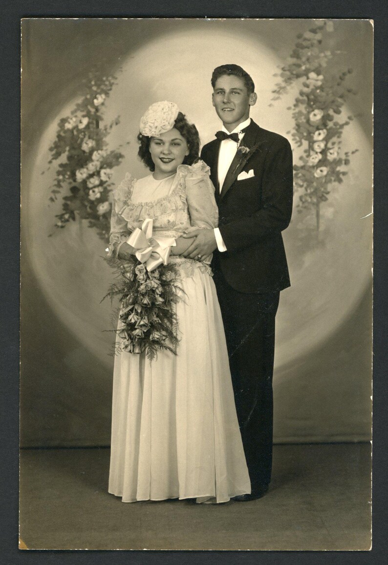 Beautiful Bride and Groom 1940s Wedding Flower Bouquet Painted Backdrop Original Vintage Sepia ...