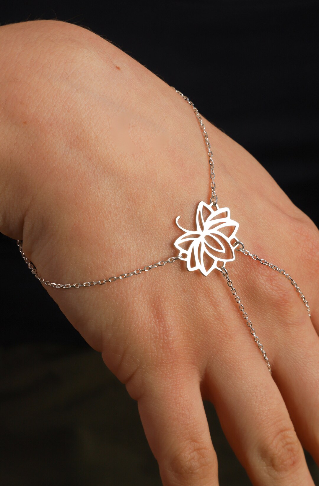 Sterling Silver Lotus Hand Chain, Lotus Bashmer, Lotus Jewelry, Floral ...