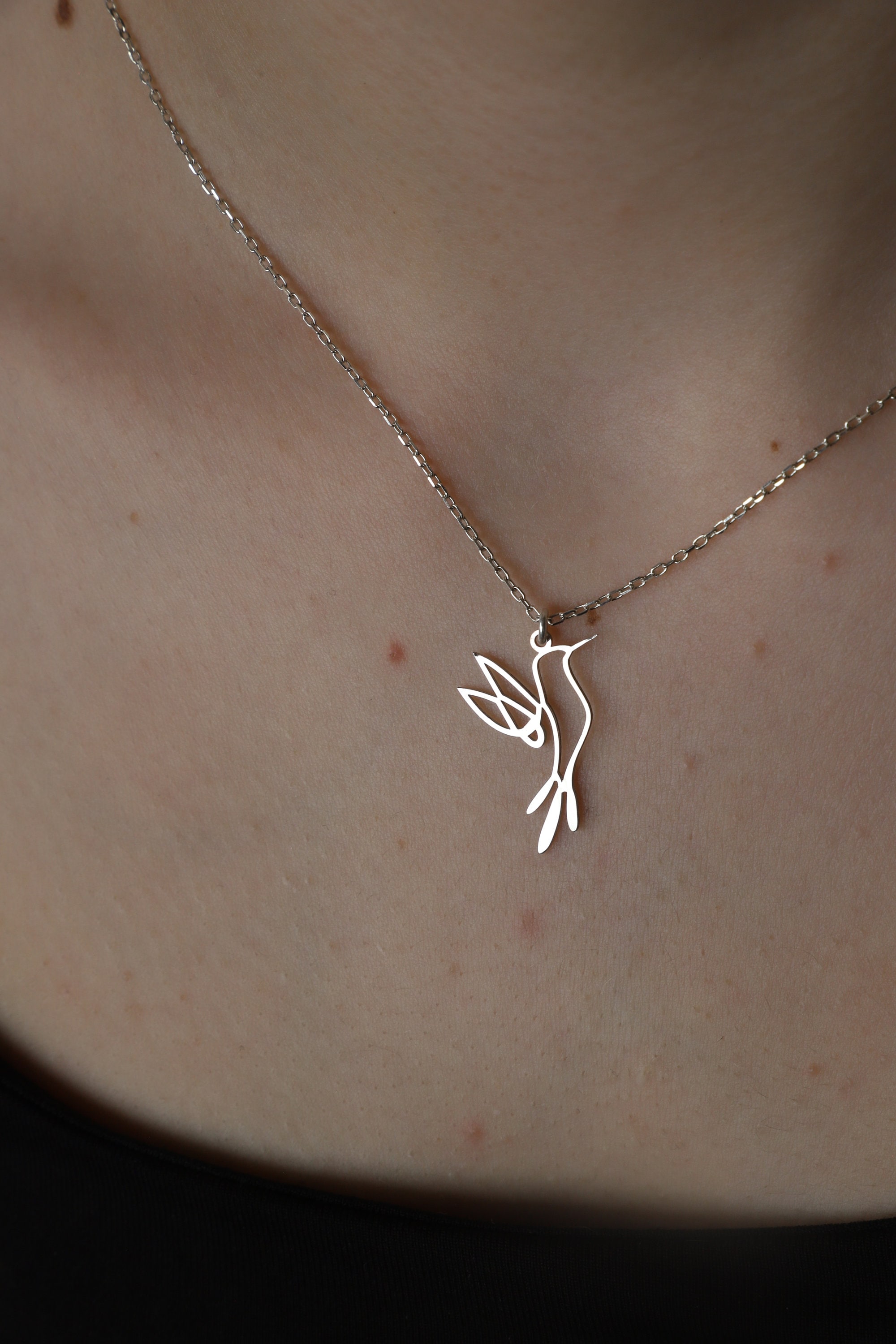 Silver Hummingbird Necklace, Line Art Humming Bird Necklace, Dainty ...