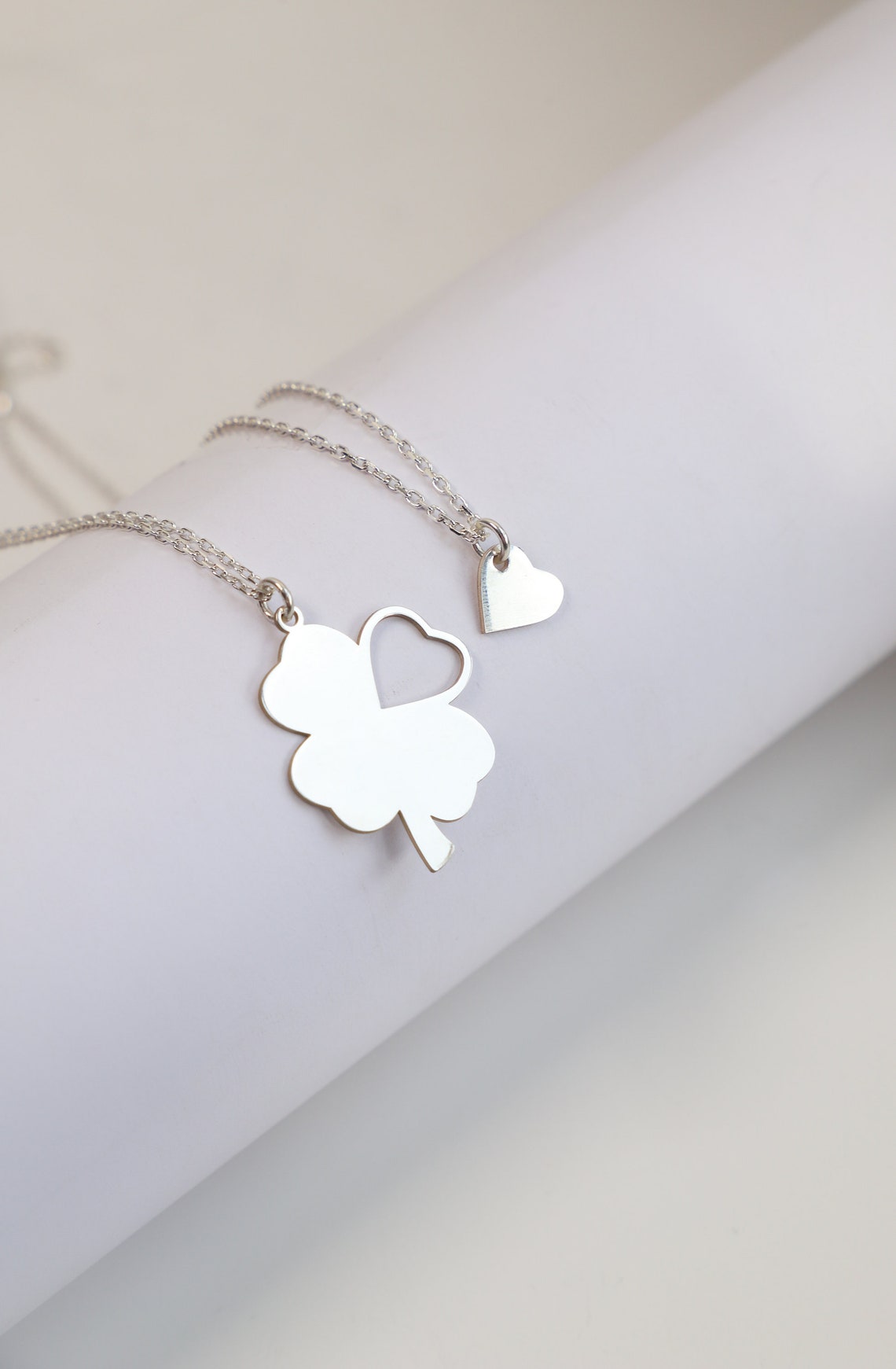 Silver Four Leaf Clover and Heart Necklace, Lucky Charm Necklace ...