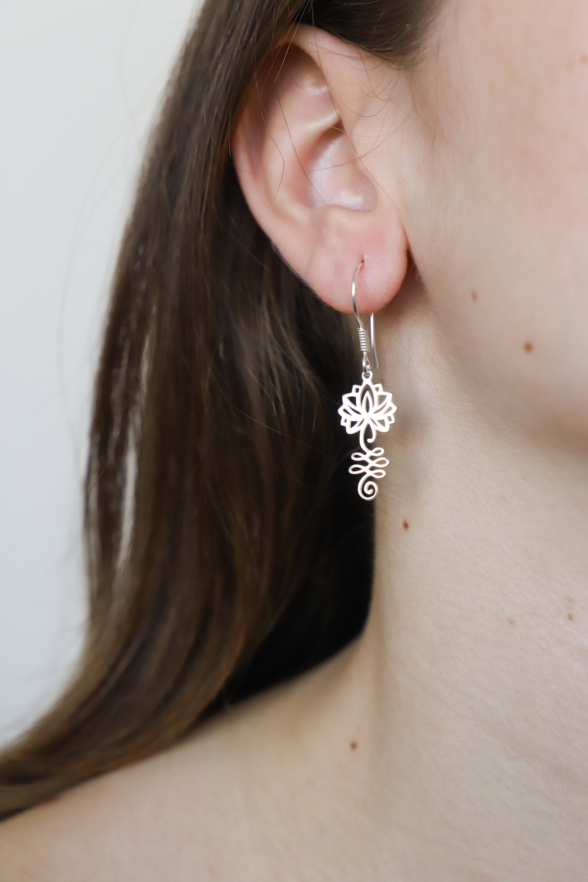 Lotus Flower Pattern Silver Unalome Earrings, Sterling Silver Spiritual ...