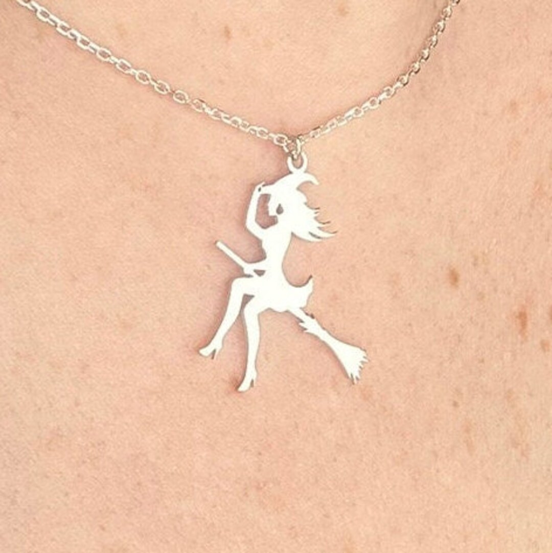 Sterling Silver Witch Necklace, Flying Witch With Broom Charm, Modern ...