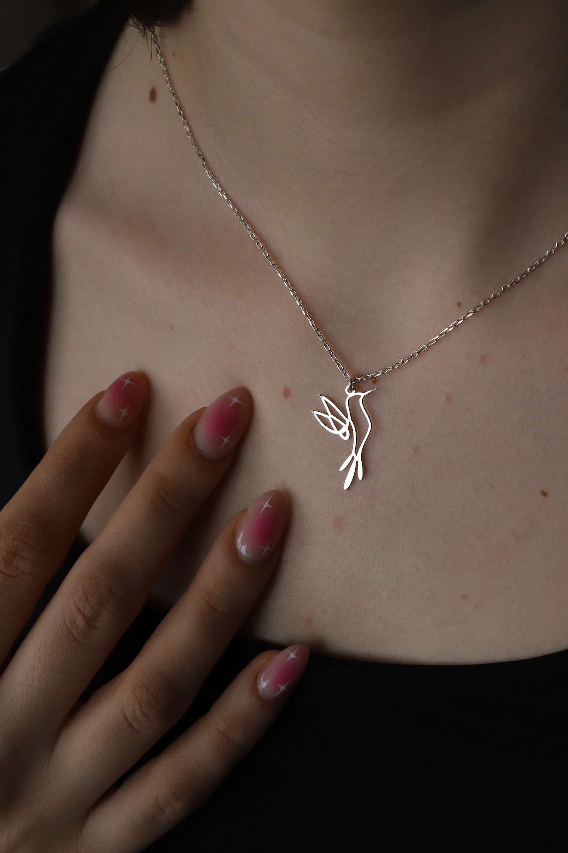 Silver Hummingbird Necklace, Line Art Humming Bird Necklace, Dainty ...