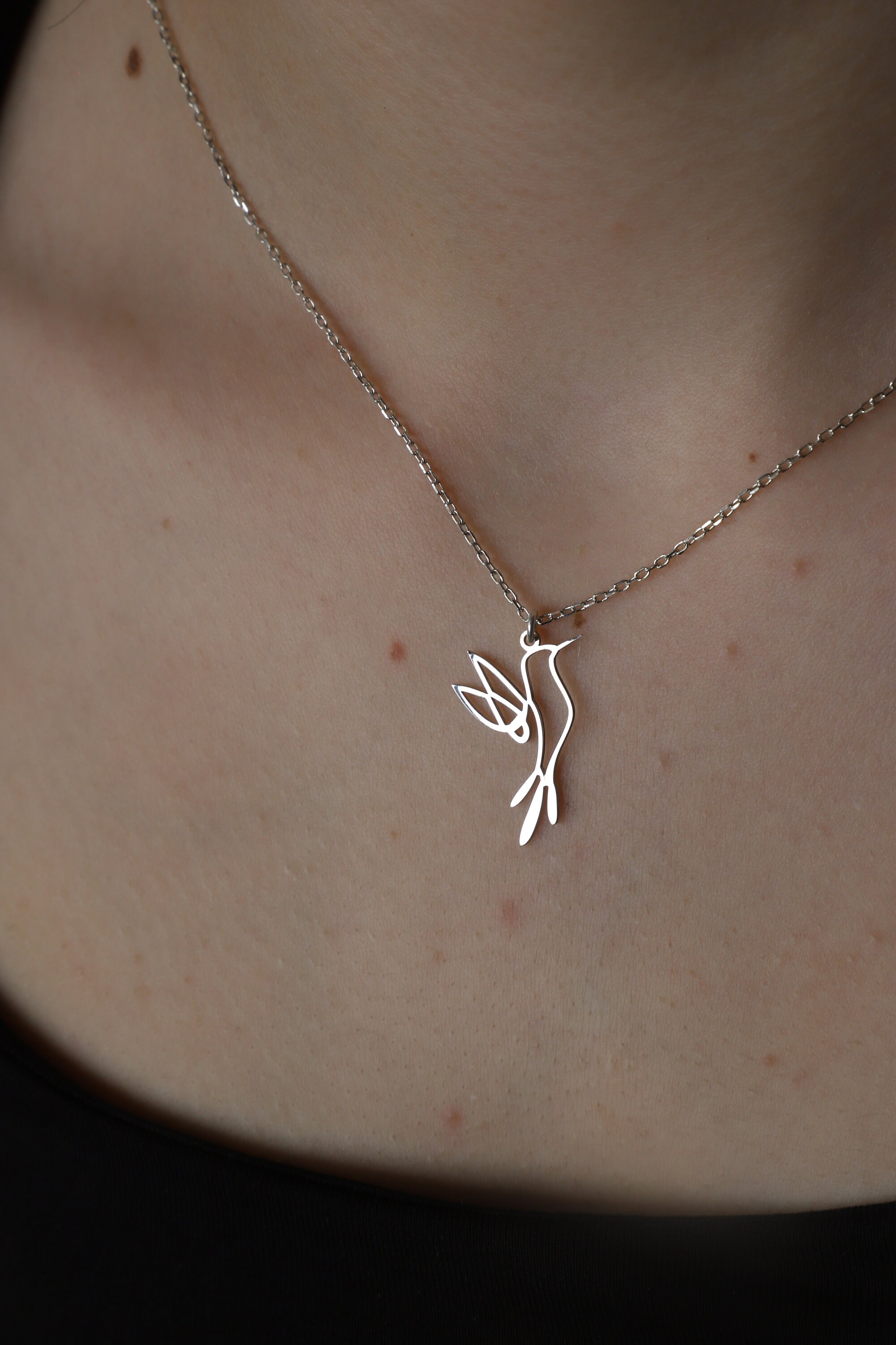 Silver Hummingbird Necklace, Line Art Humming Bird Necklace, Dainty ...