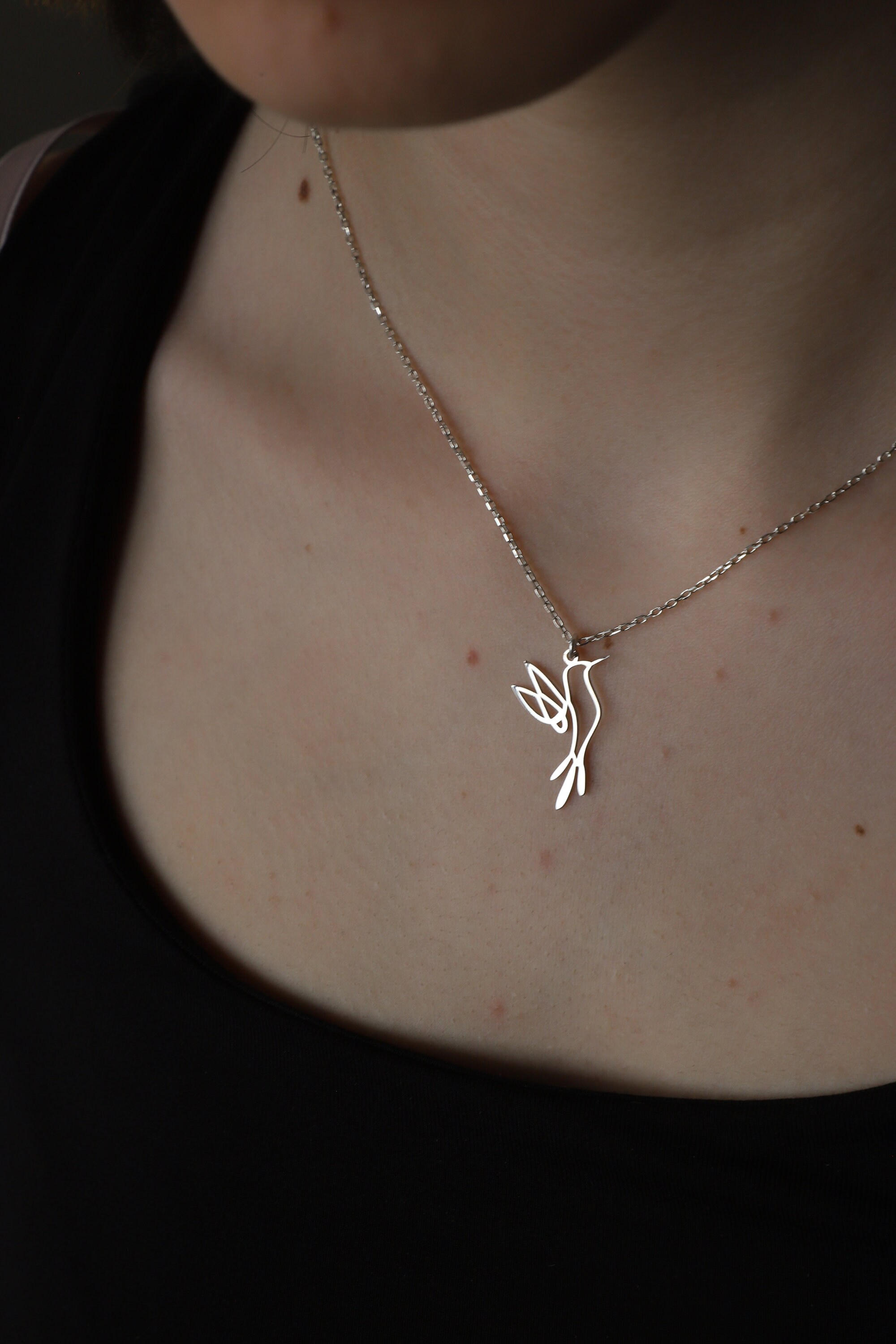 Silver Hummingbird Necklace, Line Art Humming Bird Necklace, Dainty ...