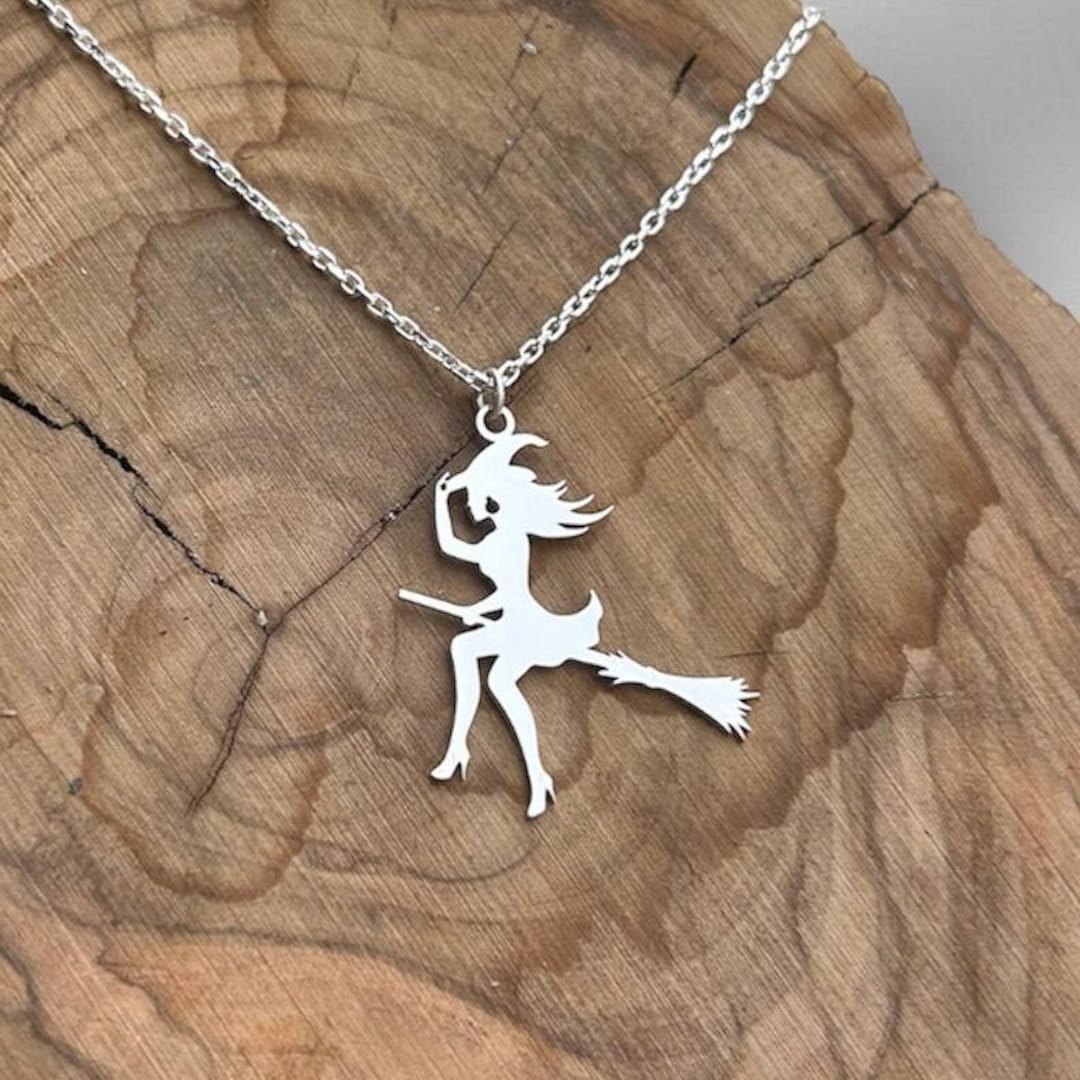 Sterling Silver Witch Necklace, Flying Witch With Broom Charm, Modern ...