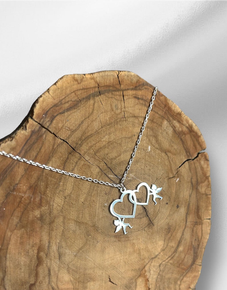 Two Cupid Holding Heart Necklace, Eros Angel Necklace, Baby Angels ...