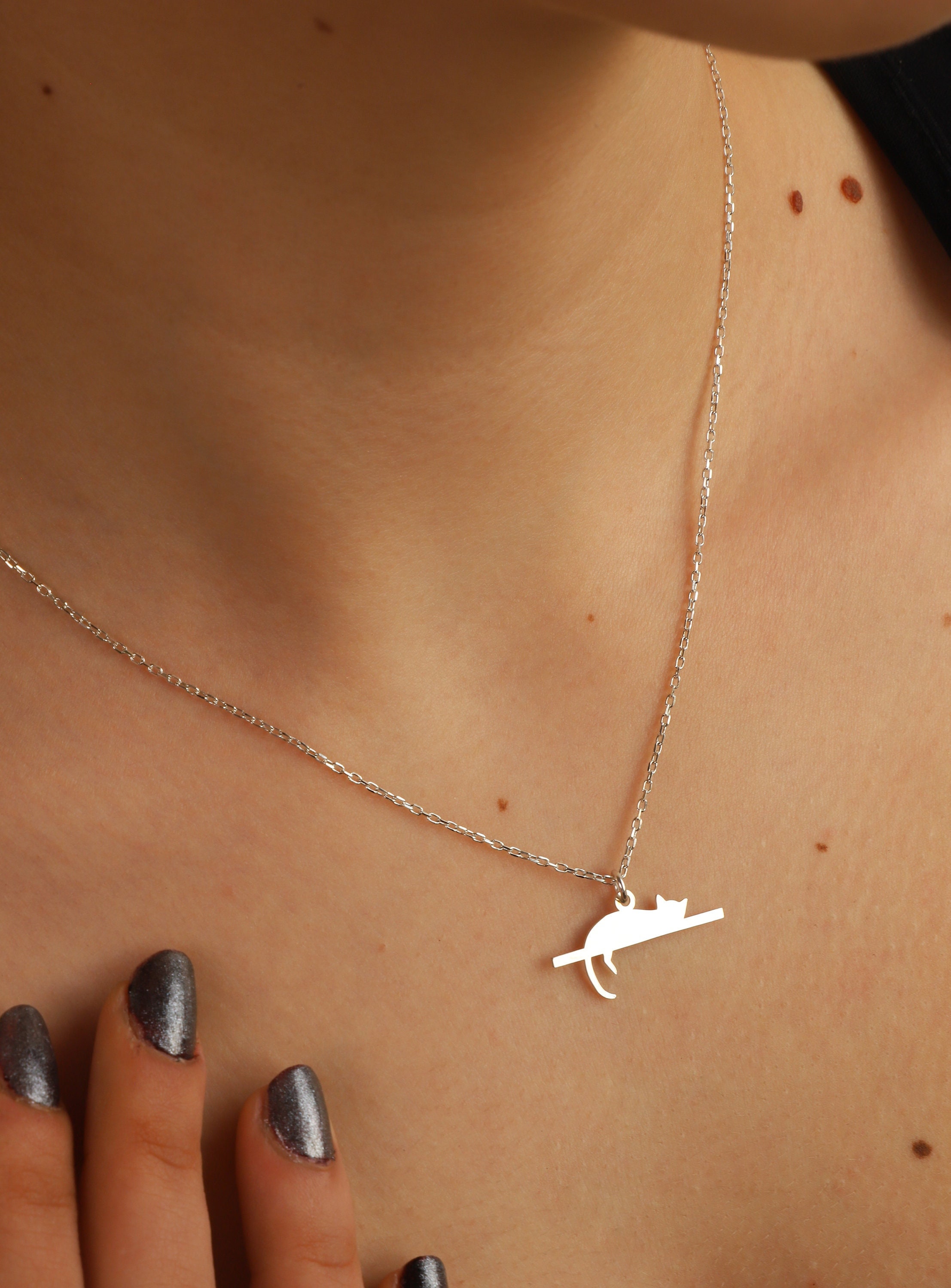 Silver Laying Cat Necklace, Animal Necklace, Cute Cat Necklace, Animal ...