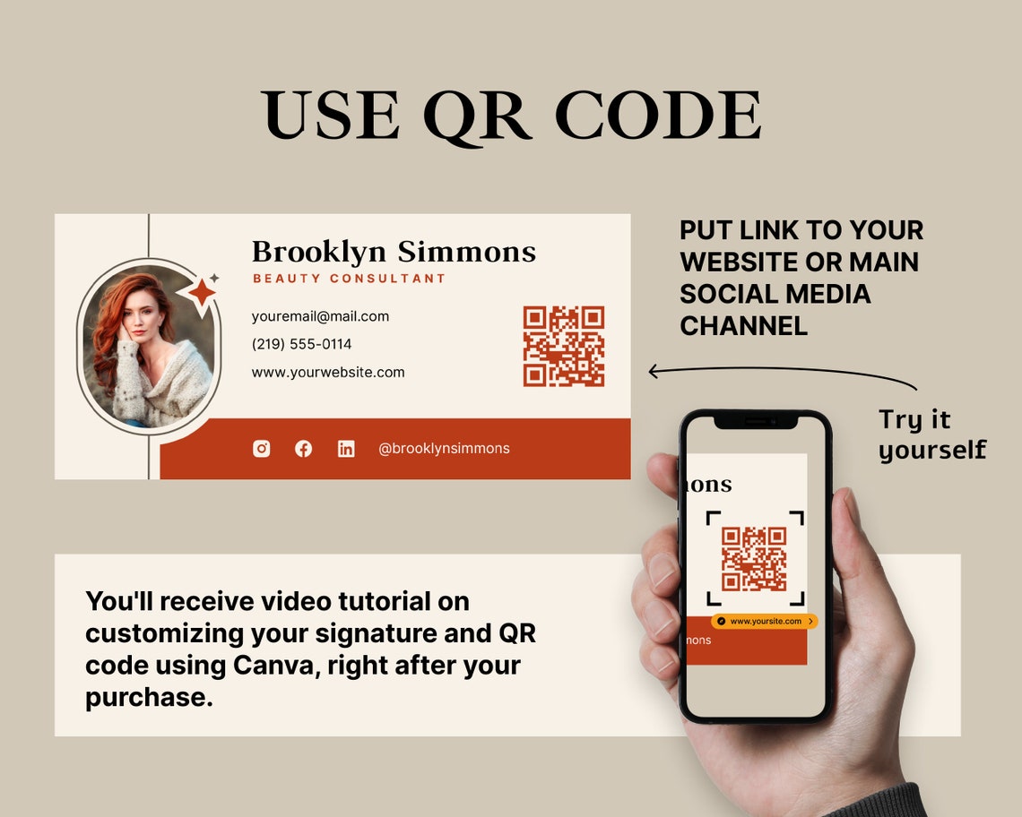 Email Signature Template Canva - Signature With QR CODE - BOHO Style ...