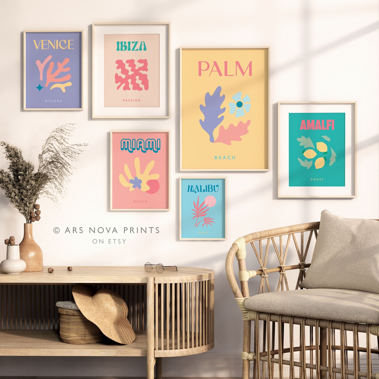 Preppy Travel Prints, Set of 6 Preppy Room Decor, Malibu Miami Ibiza ...