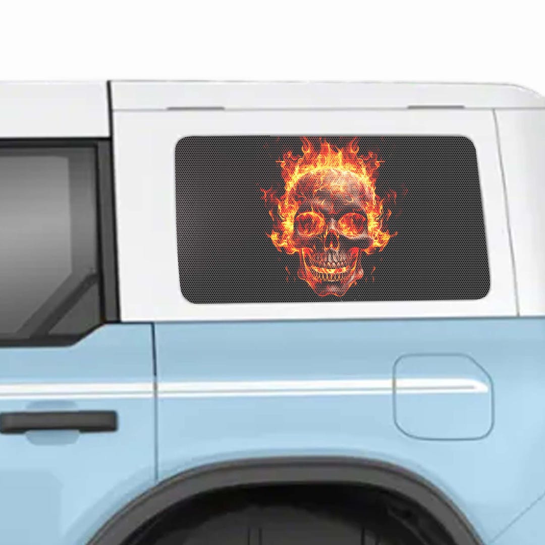 Flaming Skull Patch See-thru Rear Quarter Window Perforated Decals for 2021+ 4 Door Bronco ...