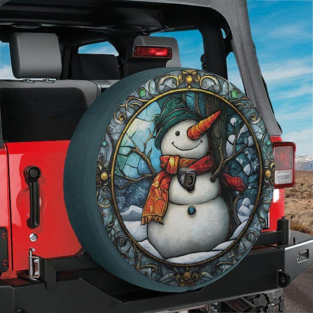 Christmas Stained Glass Snowman Spare Tire Cover With Backup Camera ...
