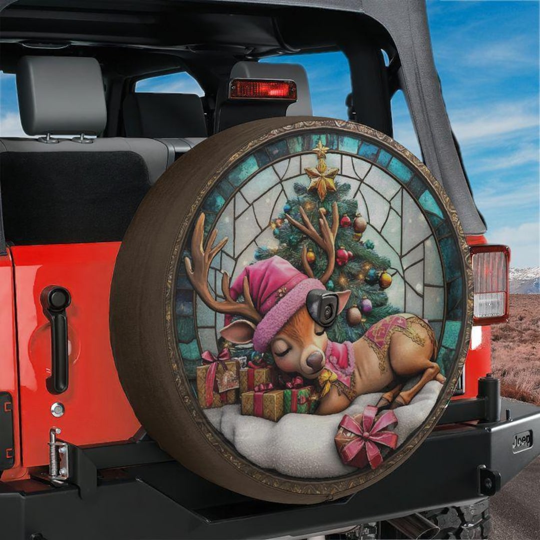 Spare Tire Baby Reindeer Christmas Stained Glass Spare Tire Cover With ...