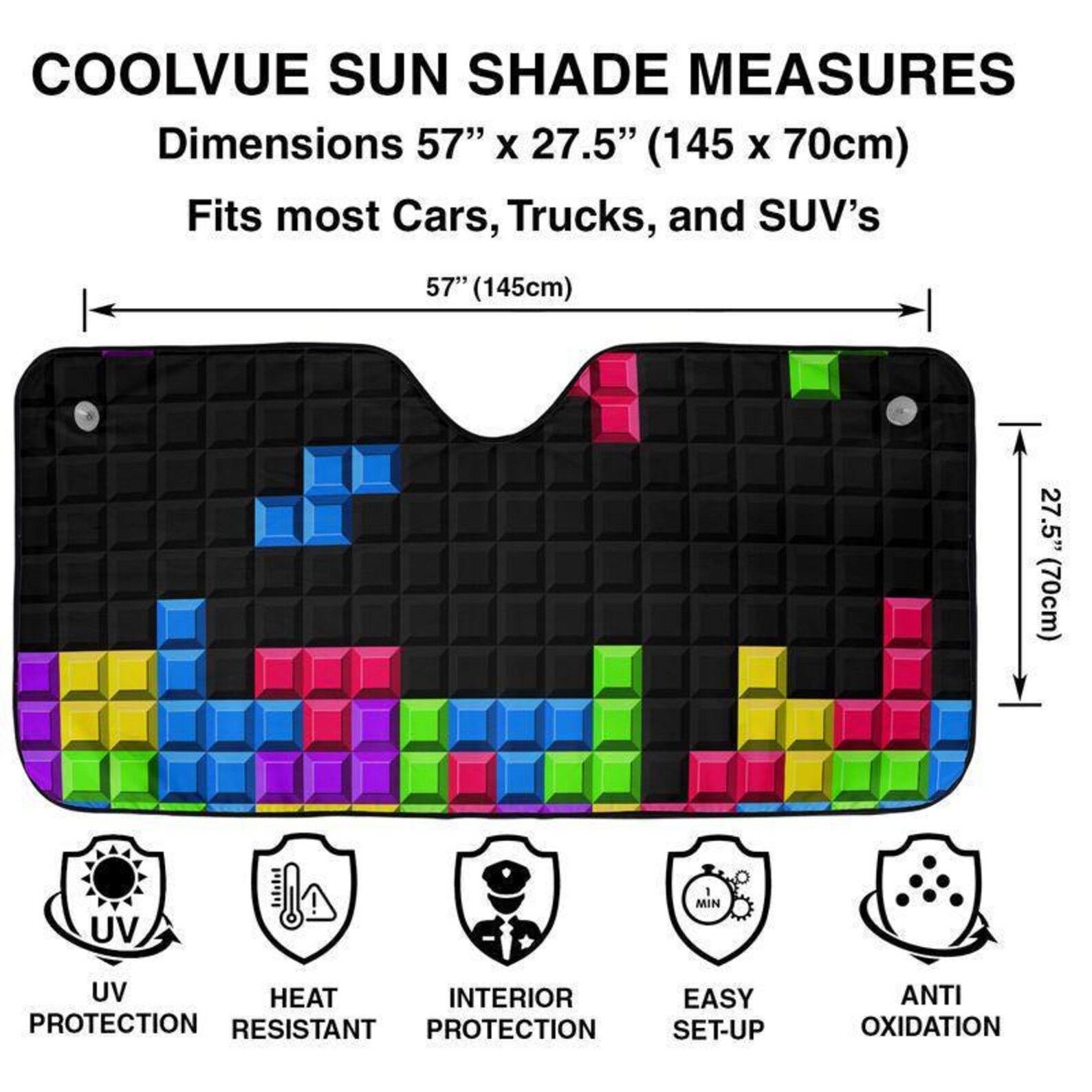 Pixel Block Puzzle Car Sun Shade, Retro Block Game Front Windshield ...