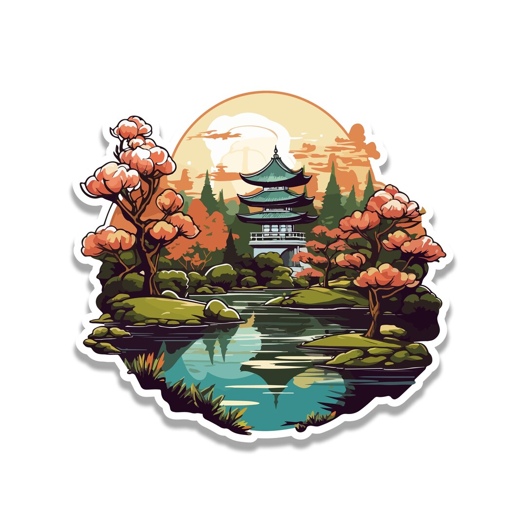 Japanese Pagoda Garden Vinyl Sticker for Suitcase, Laptop, Car or Water ...