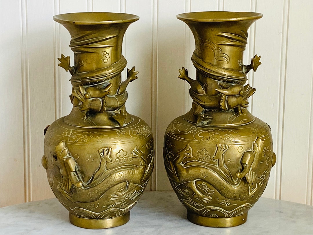 Antique Pair Tall Chinese Brass Dragon Vases Home Decor Decorative ...