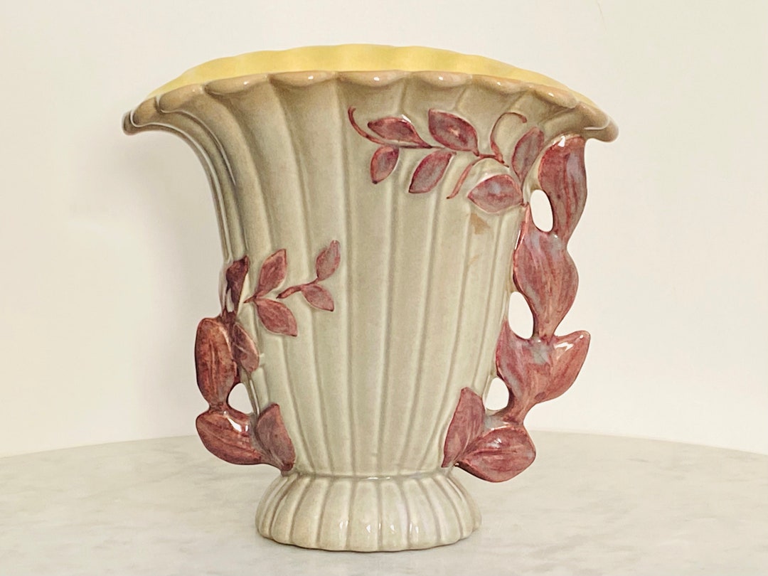 Vintage Red Wing Pottery USA Gray and Burgundy Handled Vase Patter ...