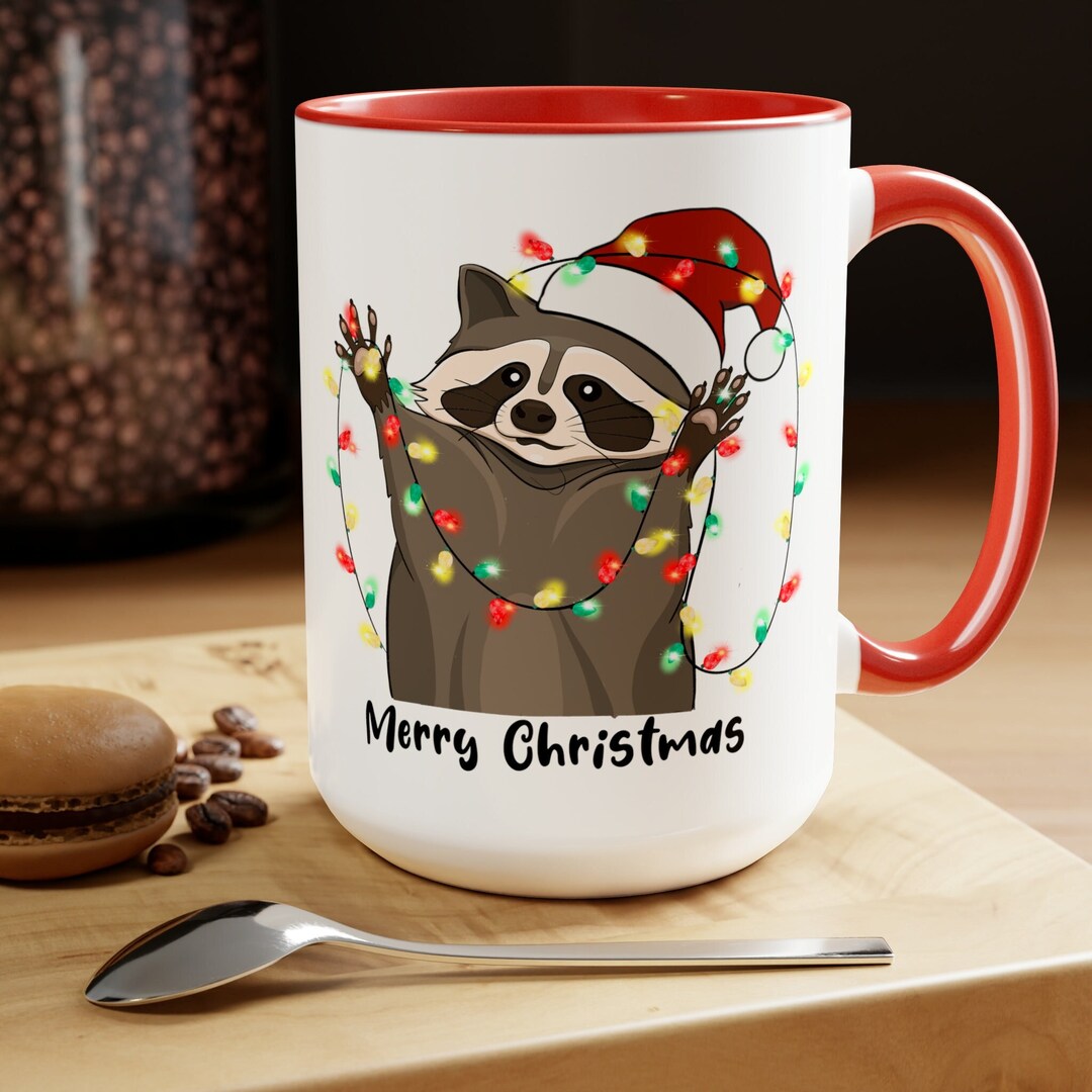 Raccoon Santa Hat 15oz Mug, Tangled in Lights Raccoon Coffee Mug Gift ...