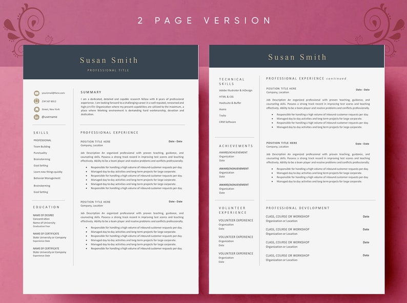 Professional Resume Template for Microsoft Word & Mac Pages With Cover ...
