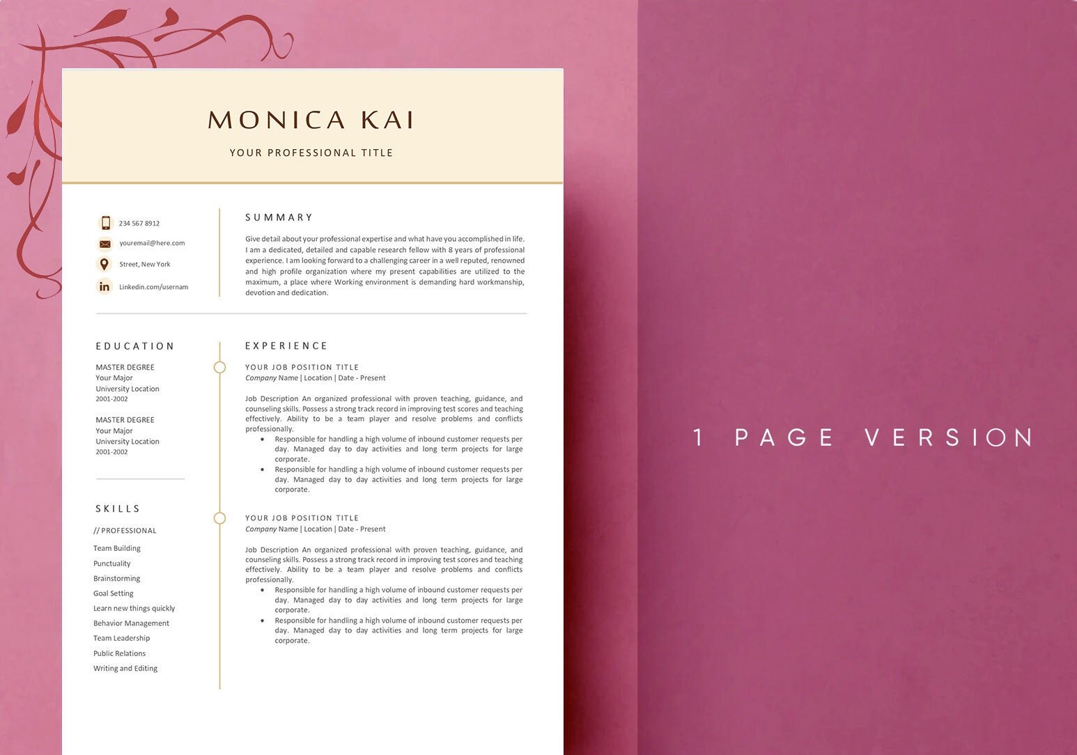 Resume Template Word, Professional Resume Template Word & Apple Pages ...