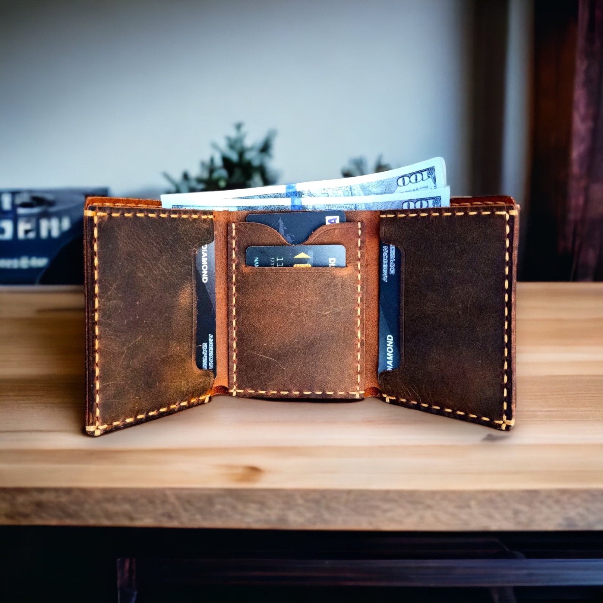 Full Grain Leather Trifold Men's Wallet, Personalized Monogram Initials ...