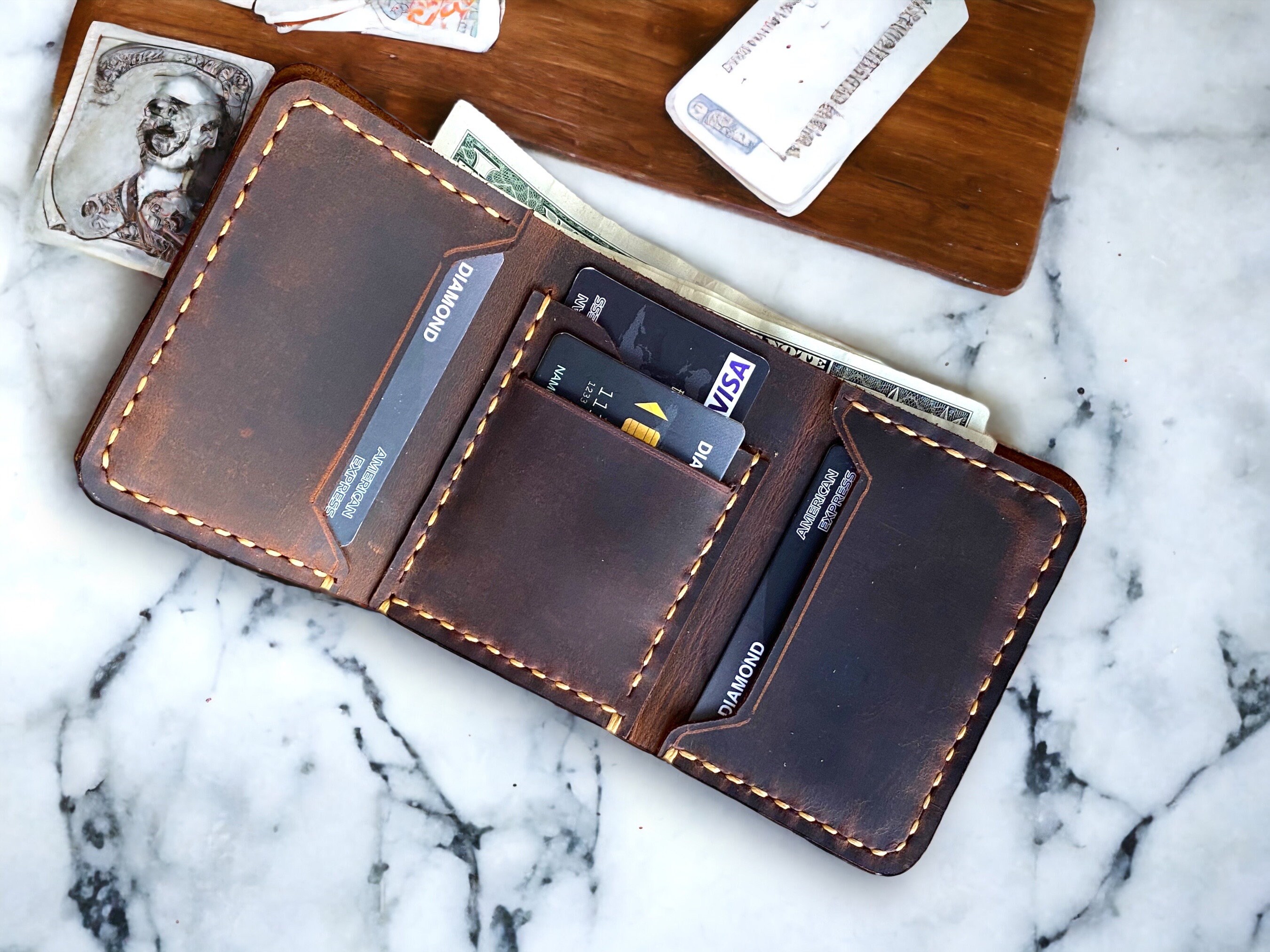 Full Grain Leather Trifold Men's Wallet, Personalized Monogram Initials ...