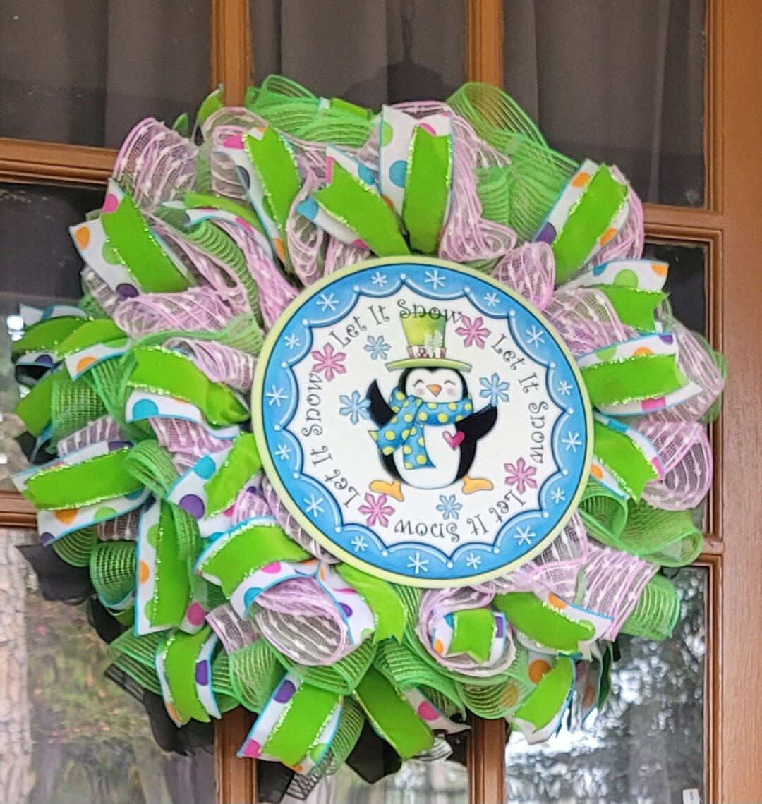 Penguin Winter Wreath: Lime Green, Pink & Sky Blue Snowflakes - Etsy UK