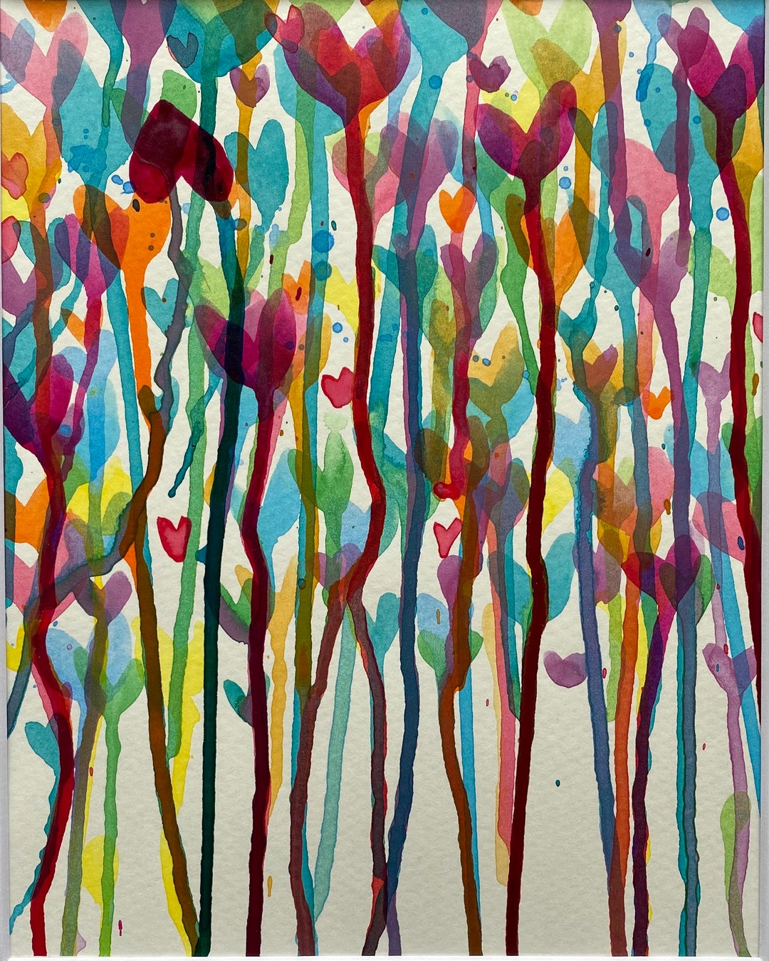 Watercolor Painting of Drippy Hearts, Original Abstract Heart Painting ...