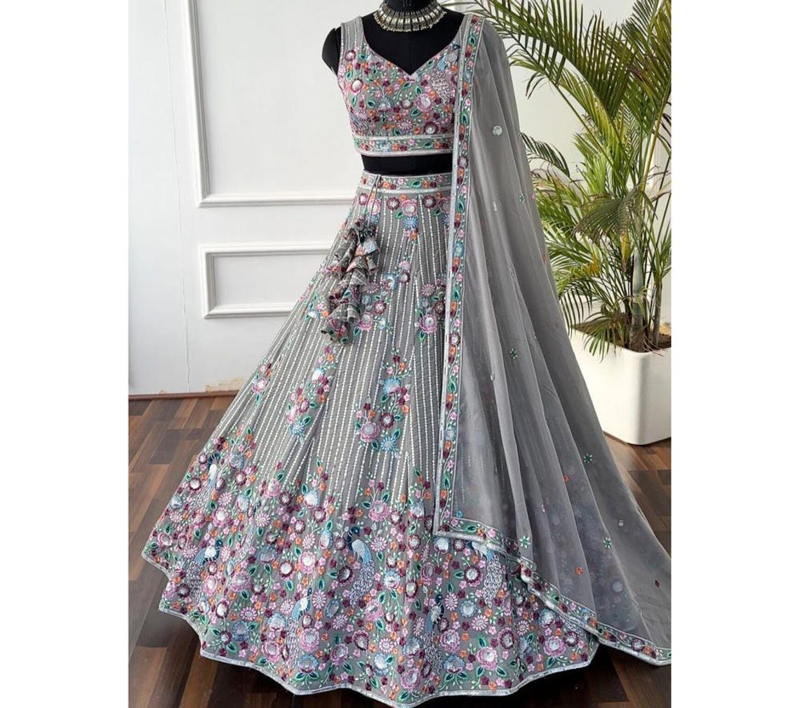 Grey Lehenga Choli: Indian Wedding Party Wear, Sequence Embroidery ...