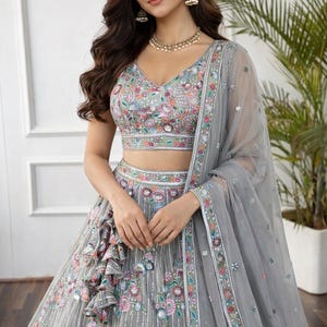 Grey Lehenga Choli: Indian Wedding Party Wear, Sequence Embroidery ...