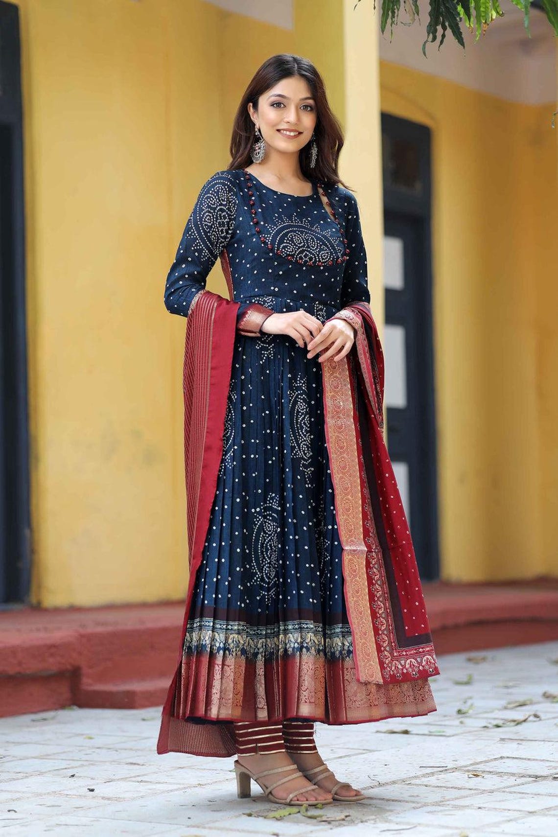 Maroon Bandhani Nevy Blue Designer Gown for Women Party Wear Maroon ...