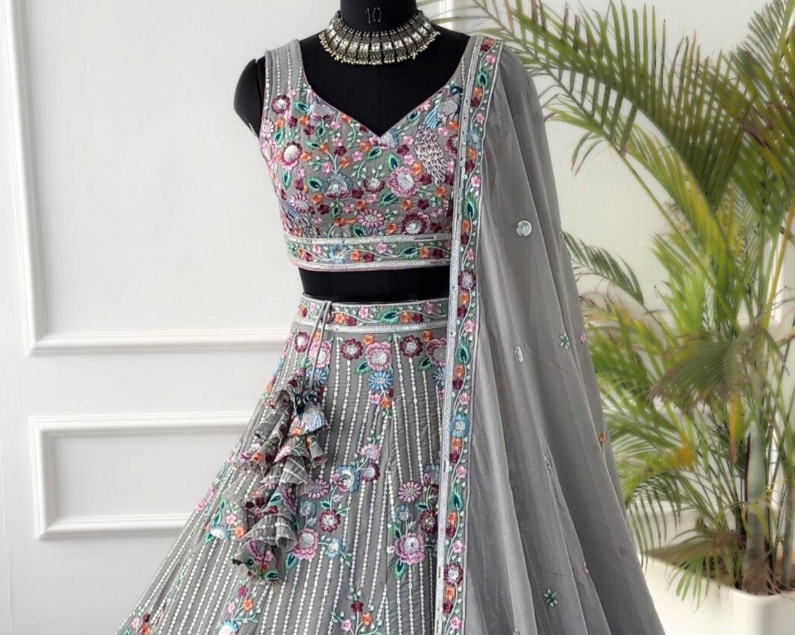 Grey Lehenga Choli: Indian Wedding Party Wear, Sequence Embroidery ...