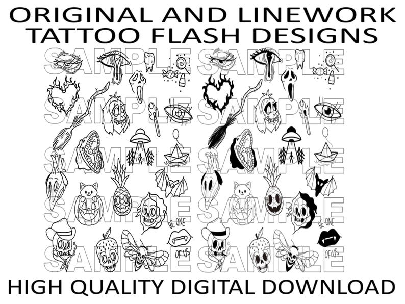 22 Designs Tattoo Flash Sheet | Stencil Ready Designs | Original ...