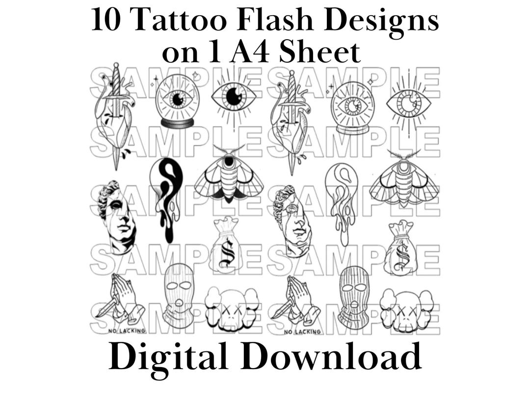 10 Designs Tattoo Flash Sheet | Stencil Ready Designs | Original ...