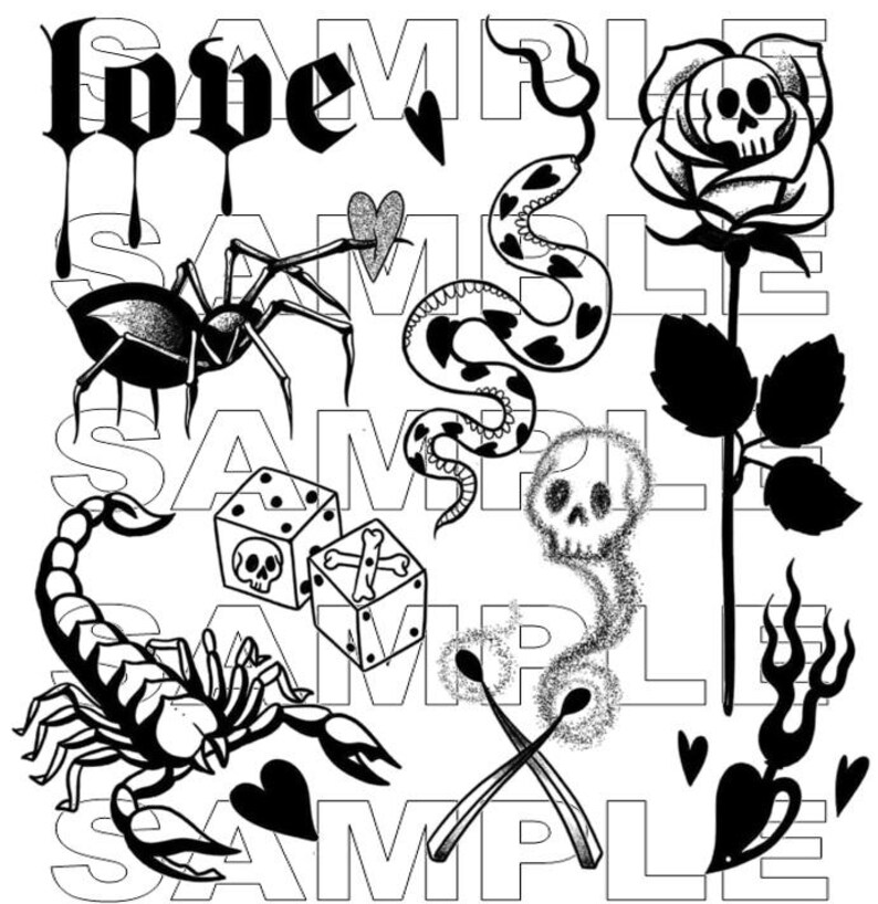8 Designs Tattoo Flash Sheet | Stencil Ready Designs | Original ...
